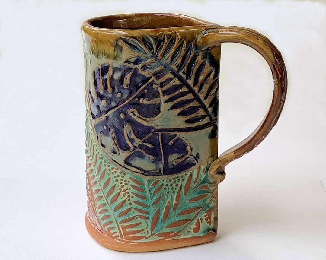 Tropical Foliage Pottery Mug Selloum Philodendron Coffee Cup Handmade ...