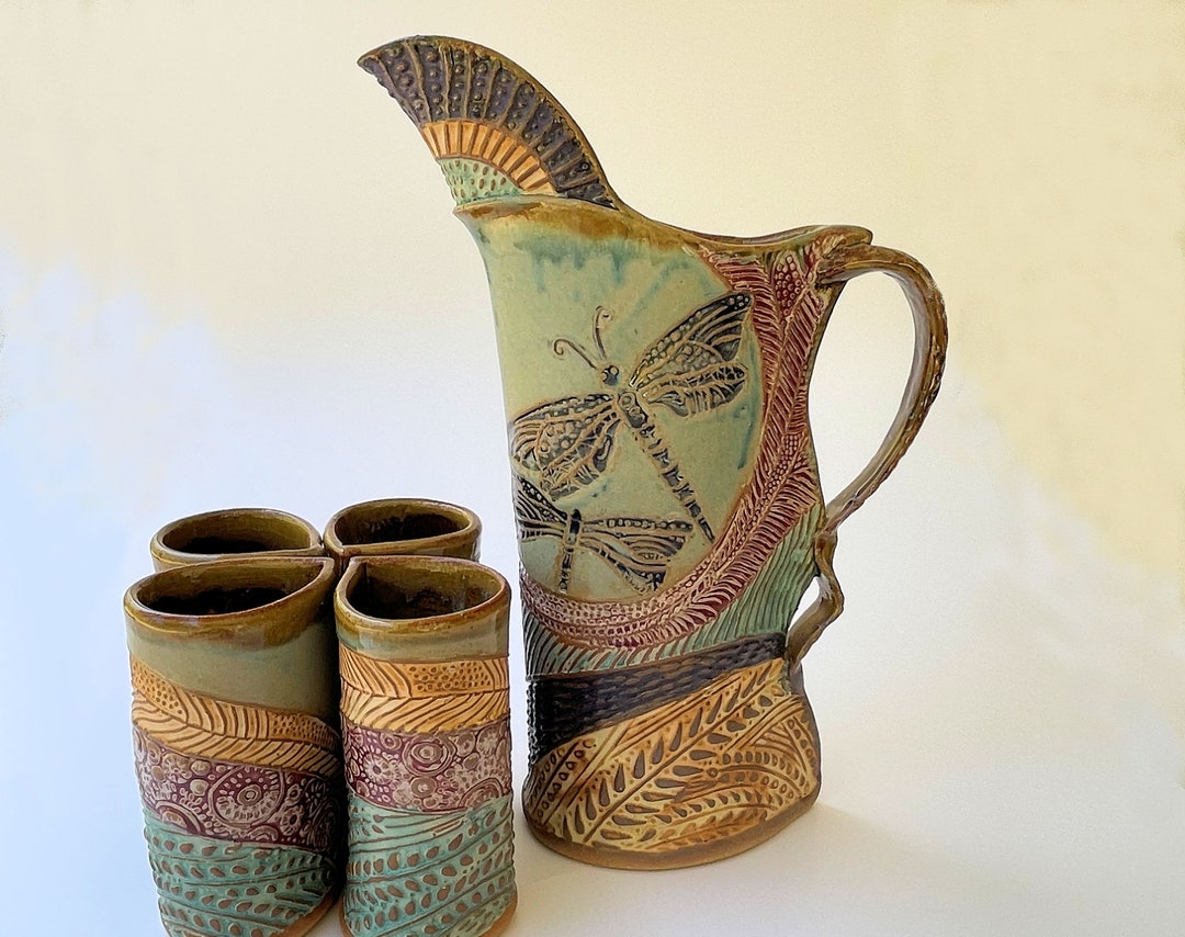 Dragonfly Design Pitcher Set With Four Cups Pottery Handmade Microwave ...