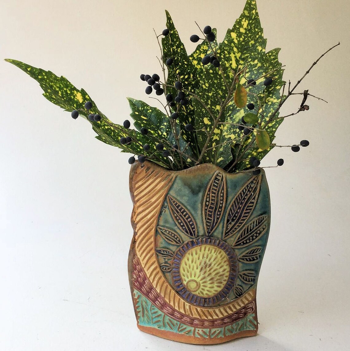 Sun Design Pottery Flower Vase Hand Made - Etsy