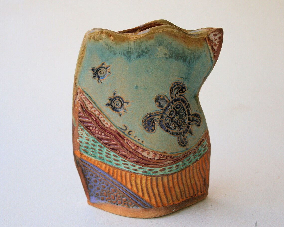 Sea Turtle Pottery Flower Vase Hand Made | Etsy