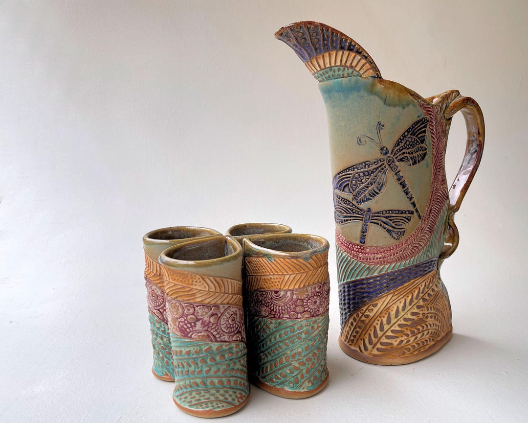 Dragonfly Design Pitcher Set With Four Cups Pottery Handmade Microwave ...