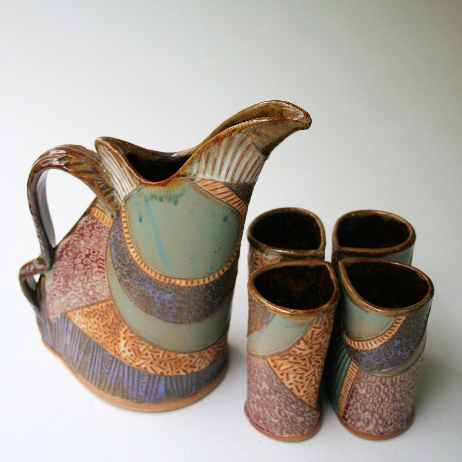 Abstract Design Pitcher Set With Four Cups Pottery Handmade - Etsy