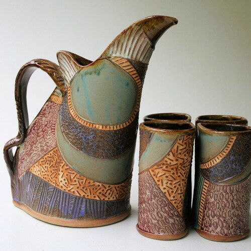 Abstract Design Pitcher Set With Four Cups Pottery Handmade - Etsy