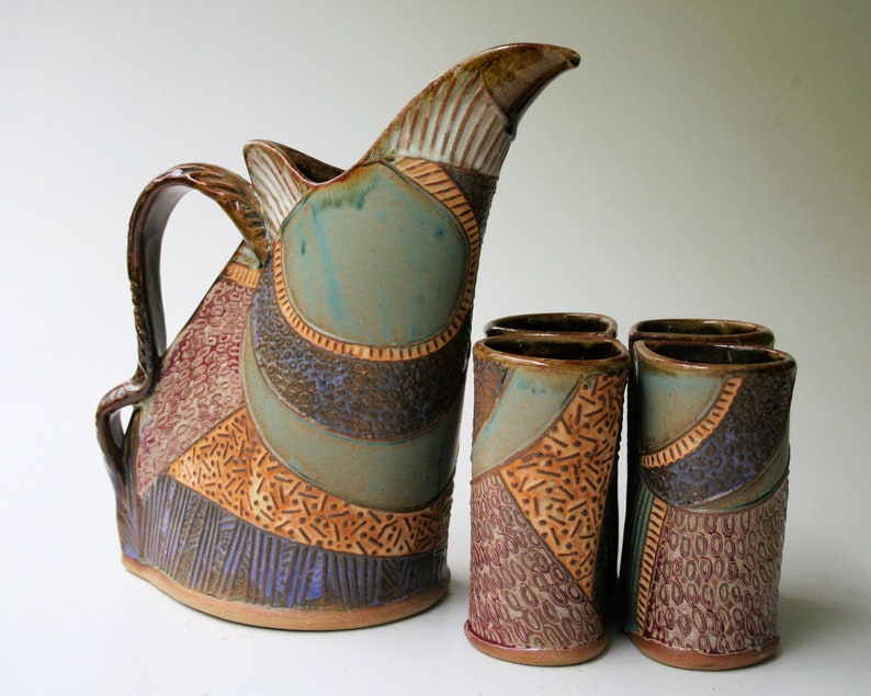 Abstract Design Pitcher Set With Four Cups Pottery Handmade - Etsy