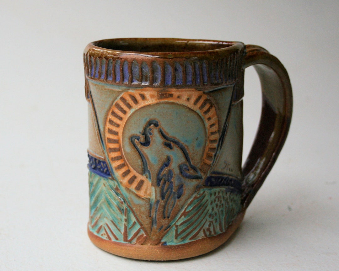 Handmade Wolf Pottery Mug: Artisan Stoneware Coffee Cup - Etsy