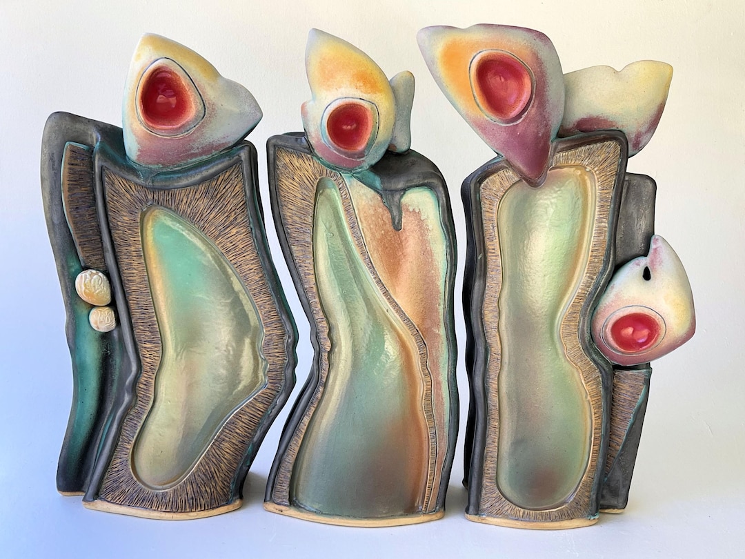 Handcrafted Ceramic Pottery Triptych Sculpture Unique Artistic Decor ...