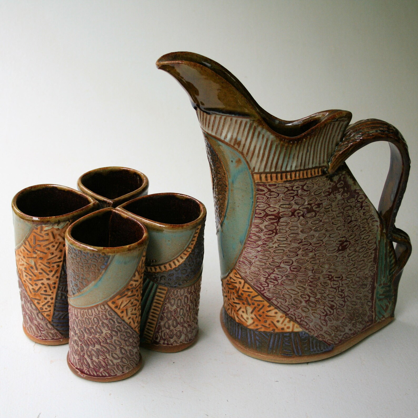 Abstract Design Pitcher Set With Four Cups Pottery Handmade - Etsy