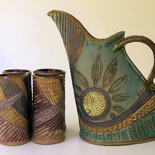 Abstract Design Pitcher Set With Four Cups Pottery Handmade - Etsy