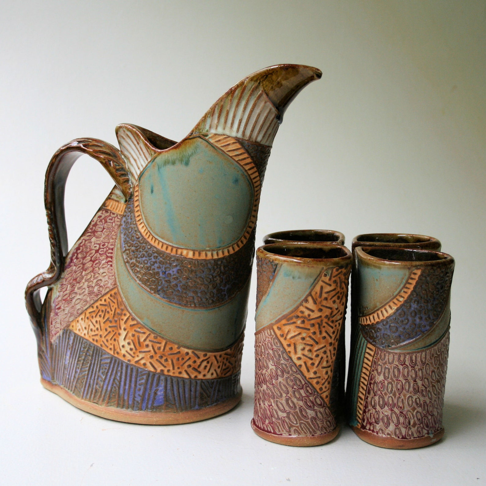 Abstract Design Pitcher Set With Four Cups Pottery Handmade - Etsy