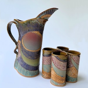 Abstract Design Pitcher Set With Four Cups Pottery Handmade Microwave ...