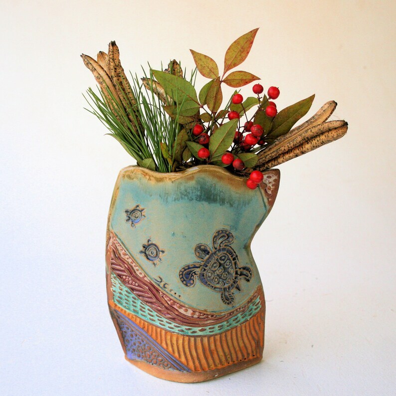 Sea Turtle Pottery Flower Vase Hand Made | Etsy