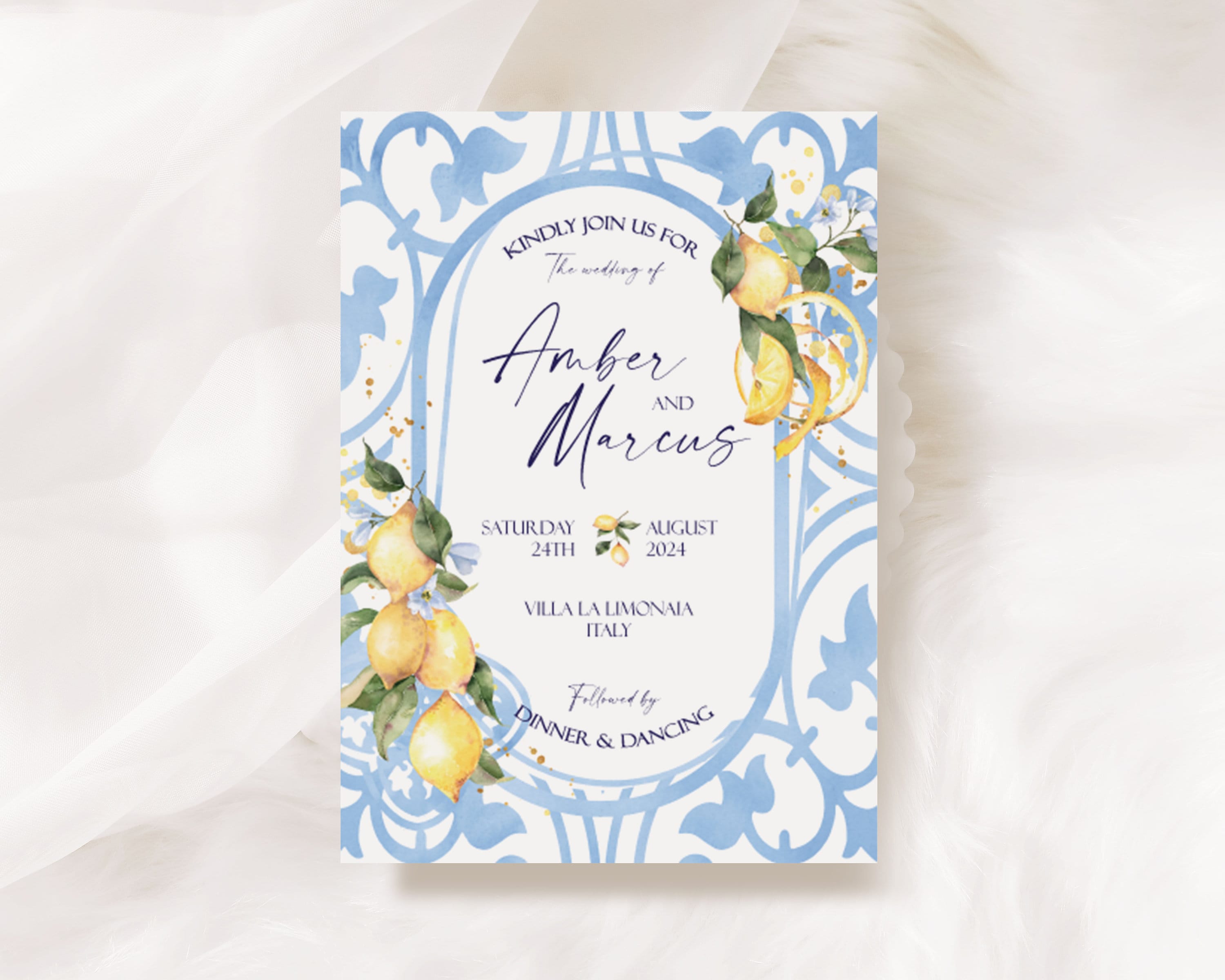 Sample of Lemon & Blue Tile Wedding Invitation Set. Sicilian - Etsy