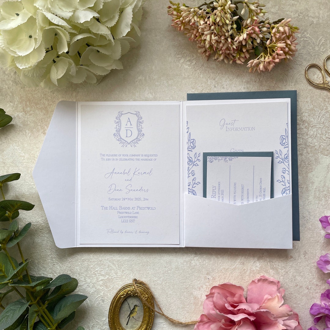 White Pocket Fold Wedding Invitation Set With Blue Crest and Monogram ...