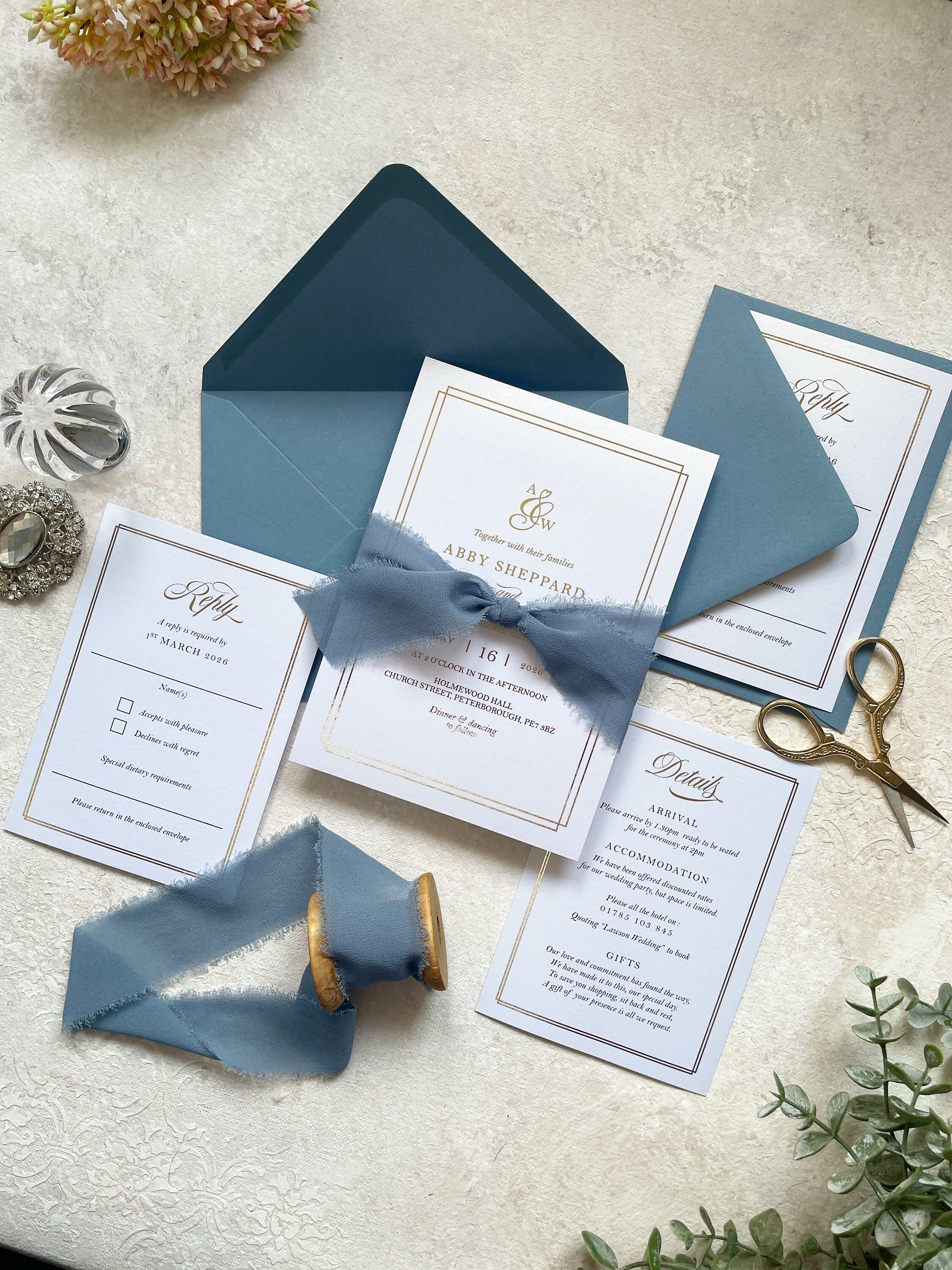 Foiled Wedding Invitation Suite, With Frayed Chiffon Ribbon. White and ...