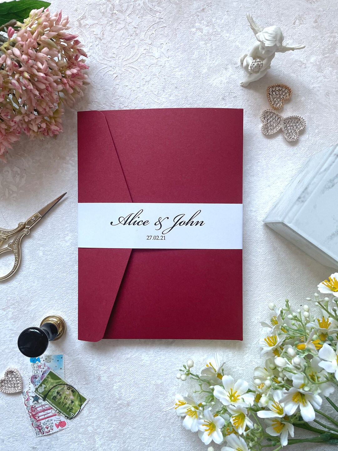 Pocket Fold Wedding Invitation. Deep Red/burgundy. RSVP Card and Guest ...