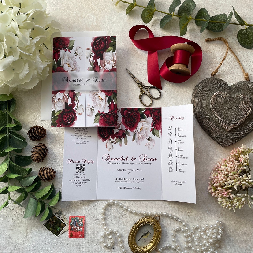 Burgundy Floral Gatefold Wedding Invitation. With RSVP Details ...