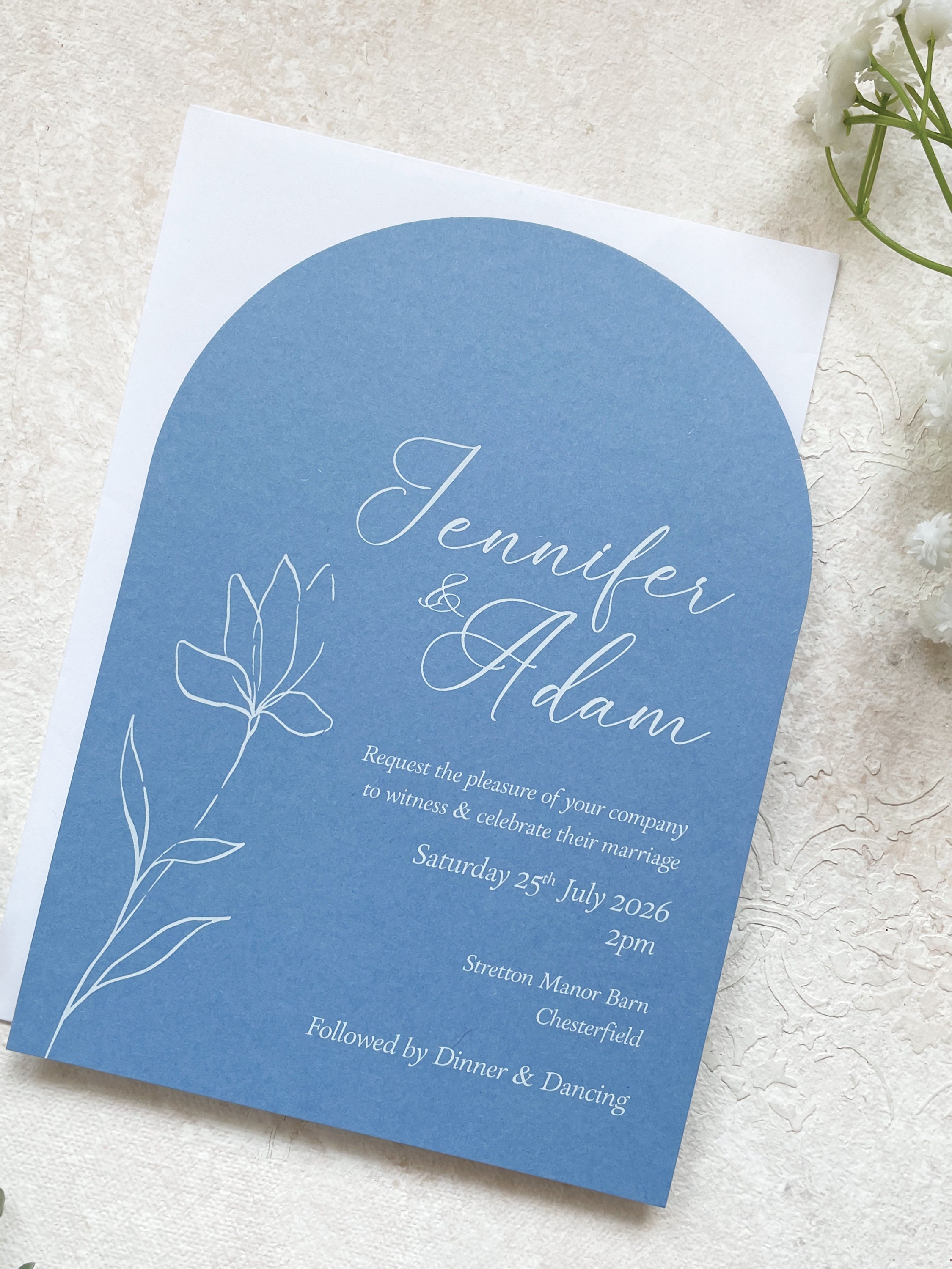 Elegant Arched Shape Wedding Invitations Blue and White With White ...