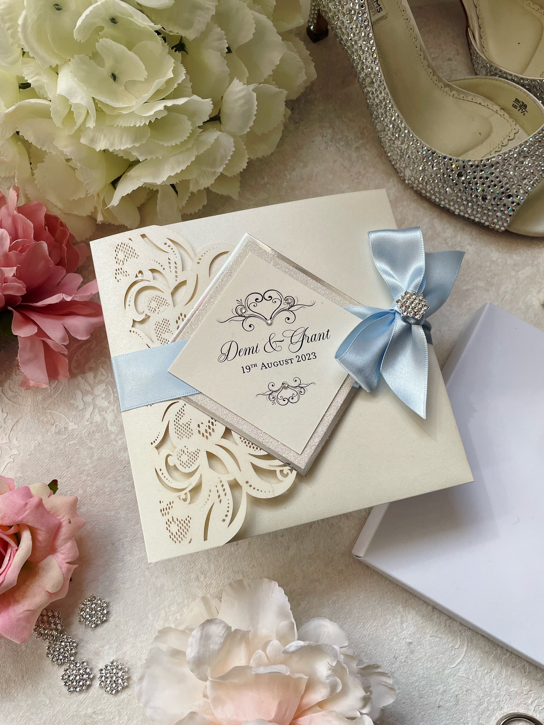 Handmade Wedding Invitation Sample. Stunning Ivory Laser Cut Pocket ...