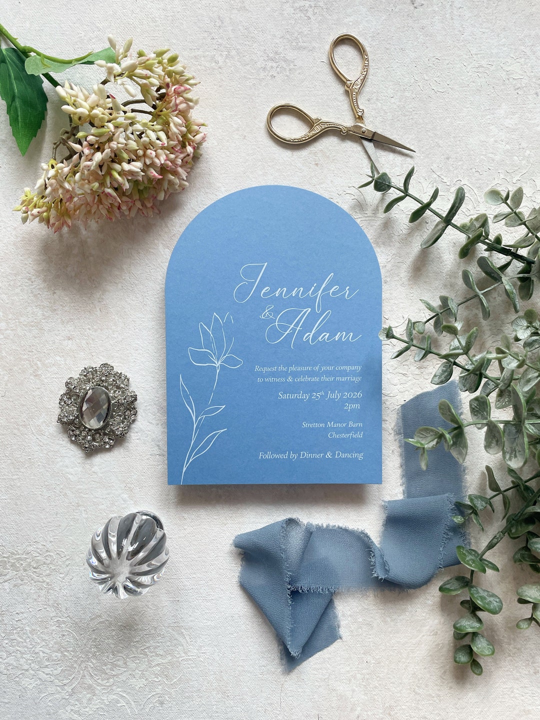 Elegant Arched Shape Wedding Invitations - Blue and White With White ...