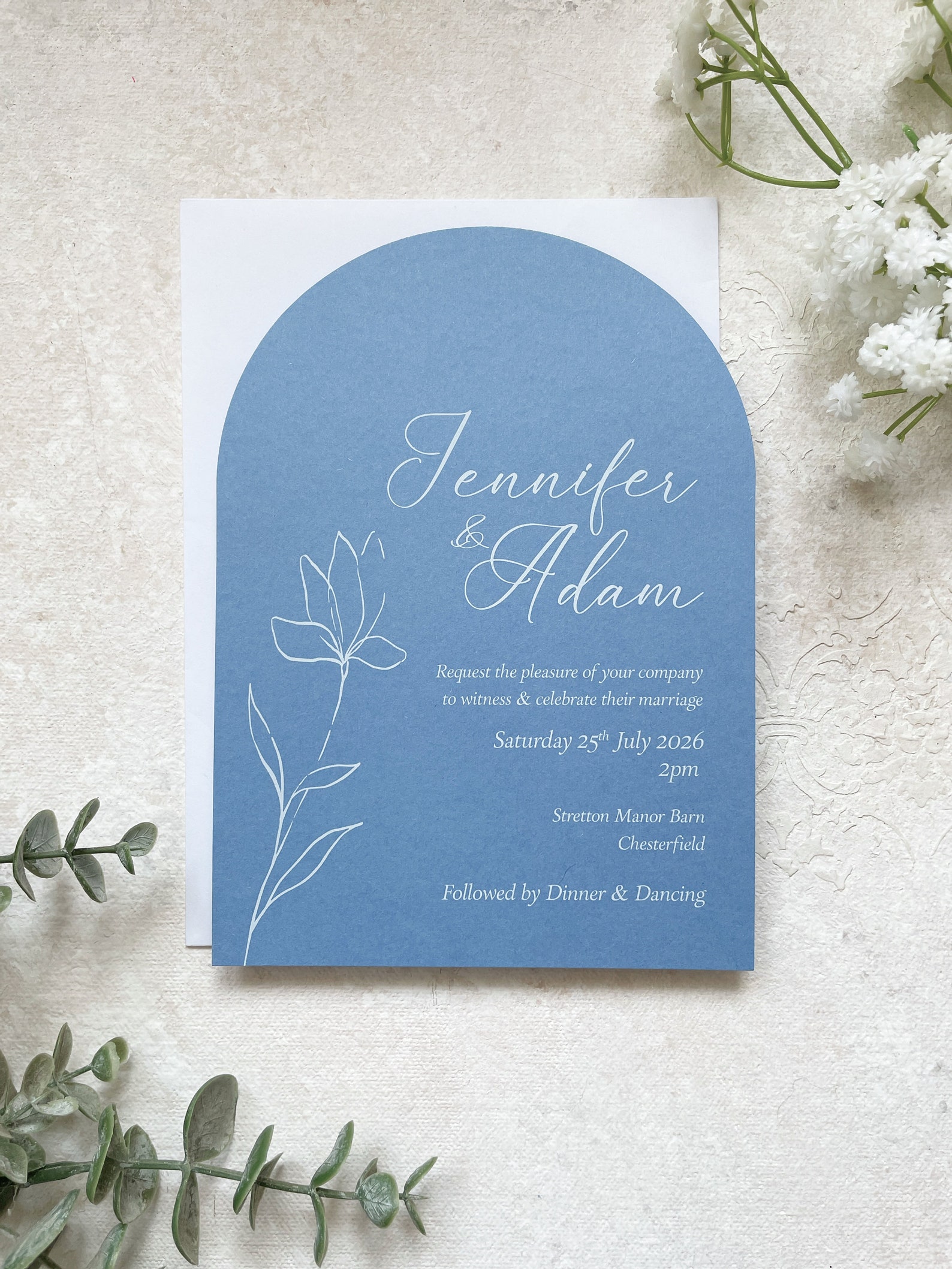 Elegant Arched Shape Wedding Invitations Blue and White With White ...