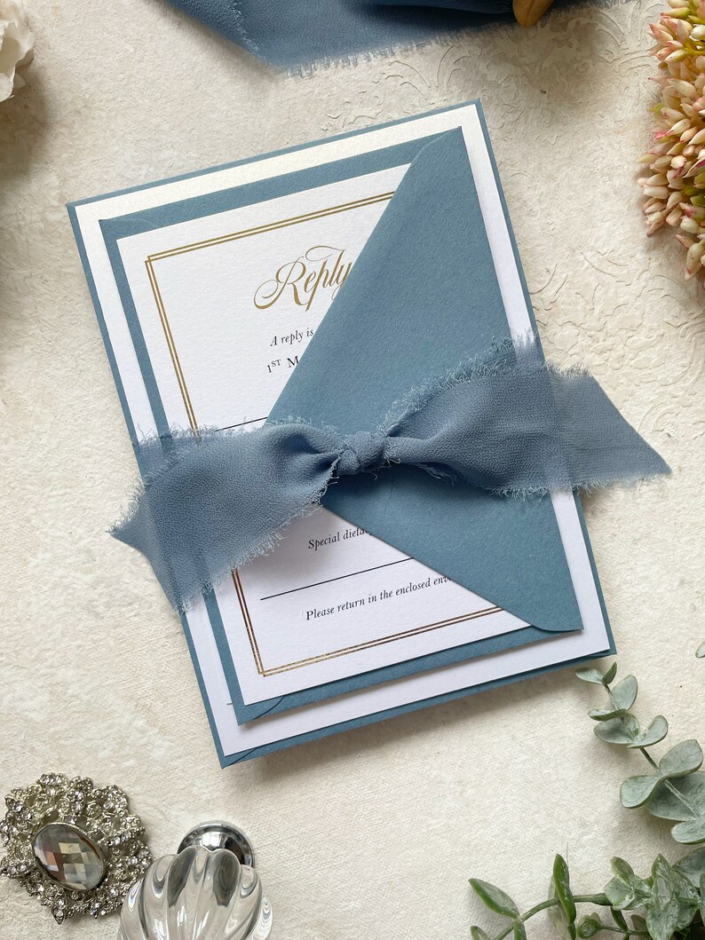 Foiled Wedding Invitation Suite, With Frayed Chiffon Ribbon. White and ...