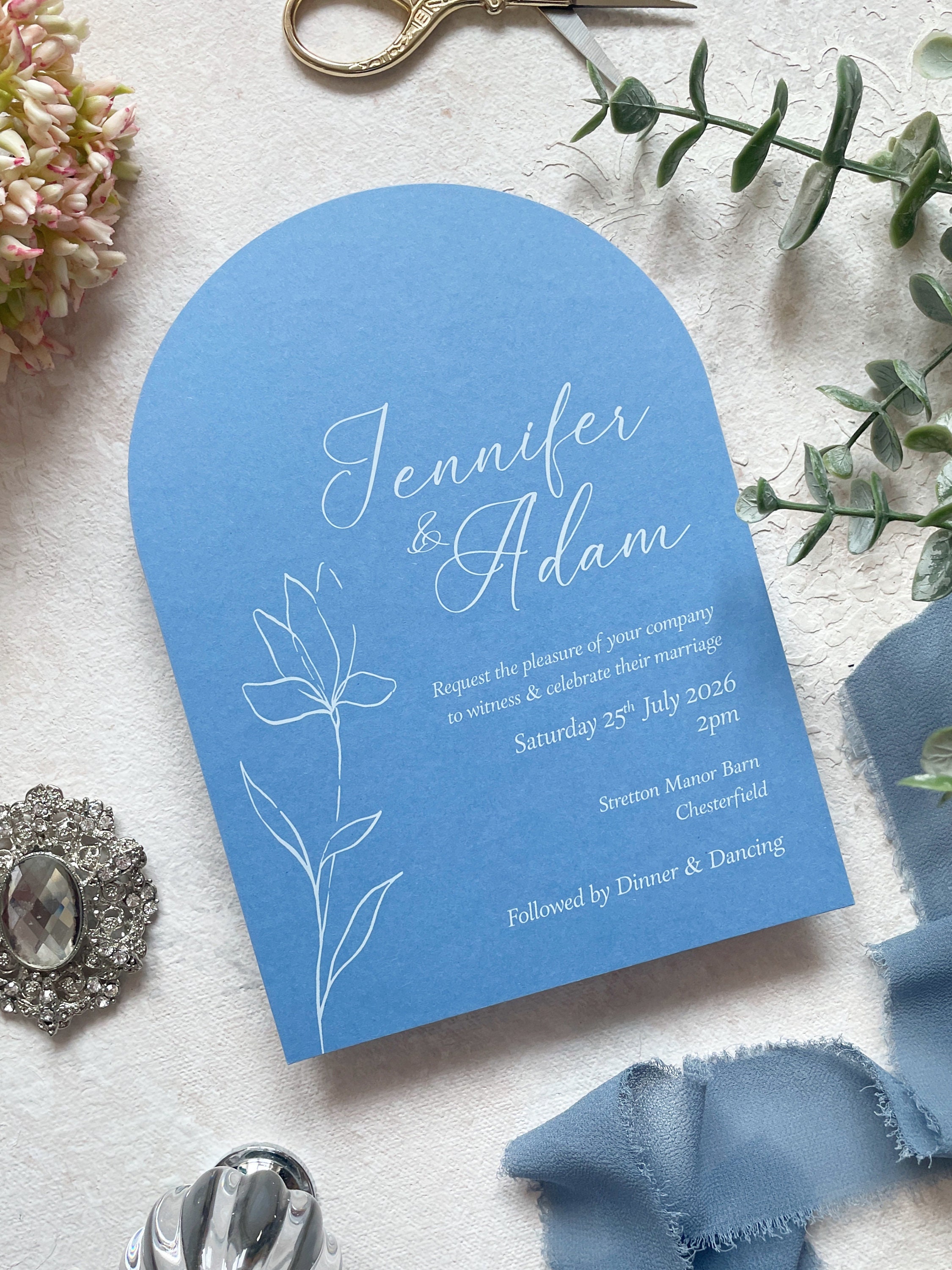 Elegant Arched Shape Wedding Invitations - Blue and White With White ...