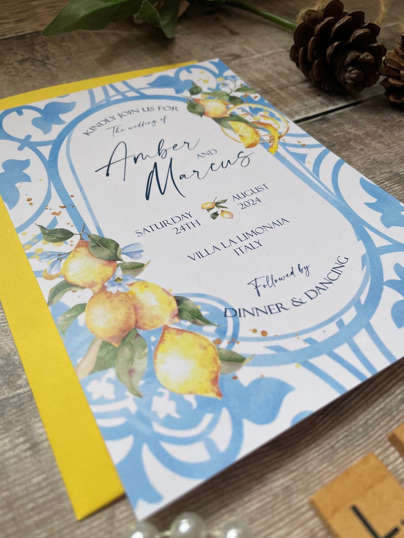 Sample of Lemon & Blue Tile Wedding Invitation Set. Sicilian - Etsy