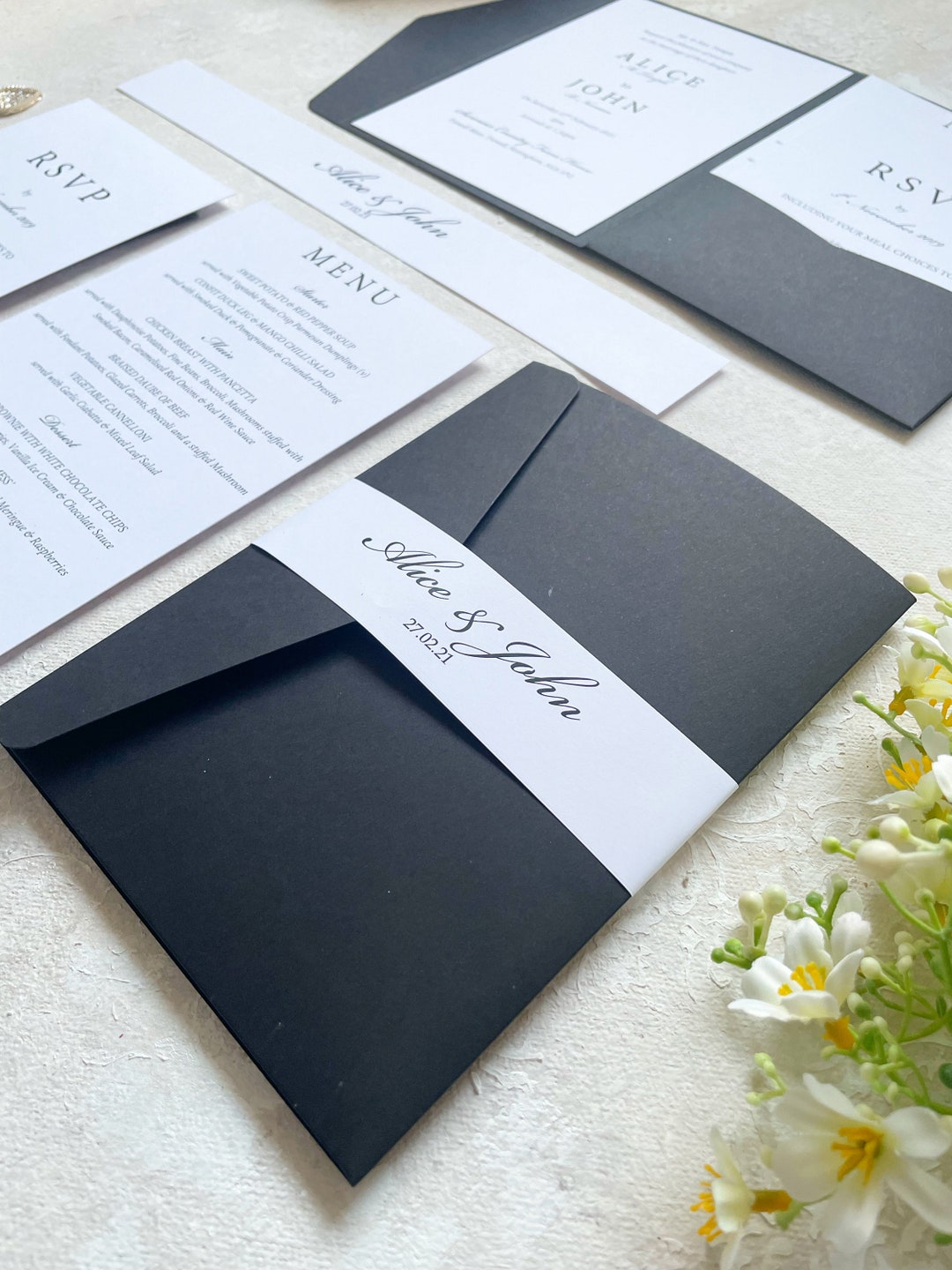 Matte Black Pocket Fold Wedding Invitation Set. RSVP Card & Guest ...
