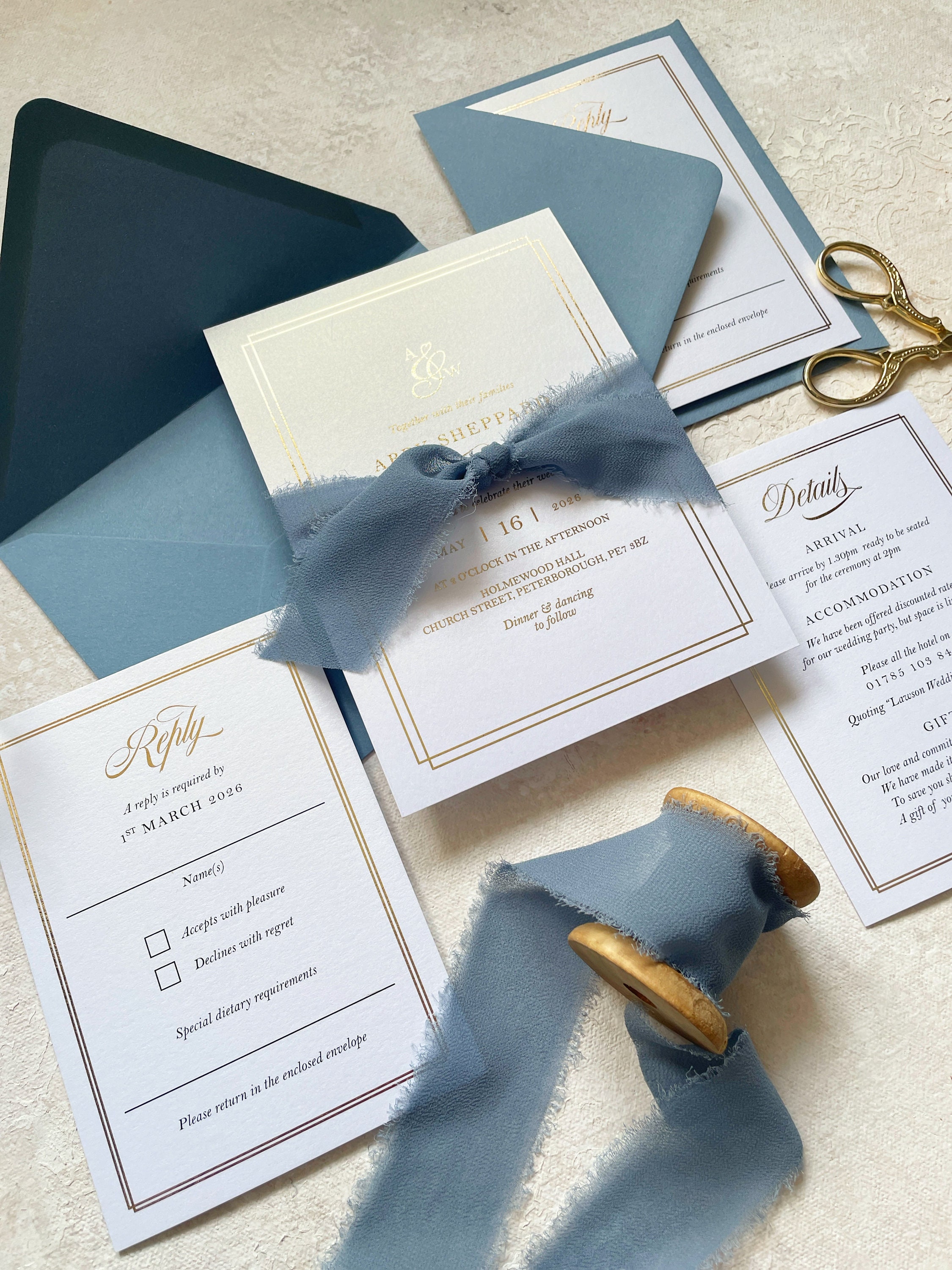 Foiled Wedding Invitation Suite, With Frayed Chiffon Ribbon. White and ...