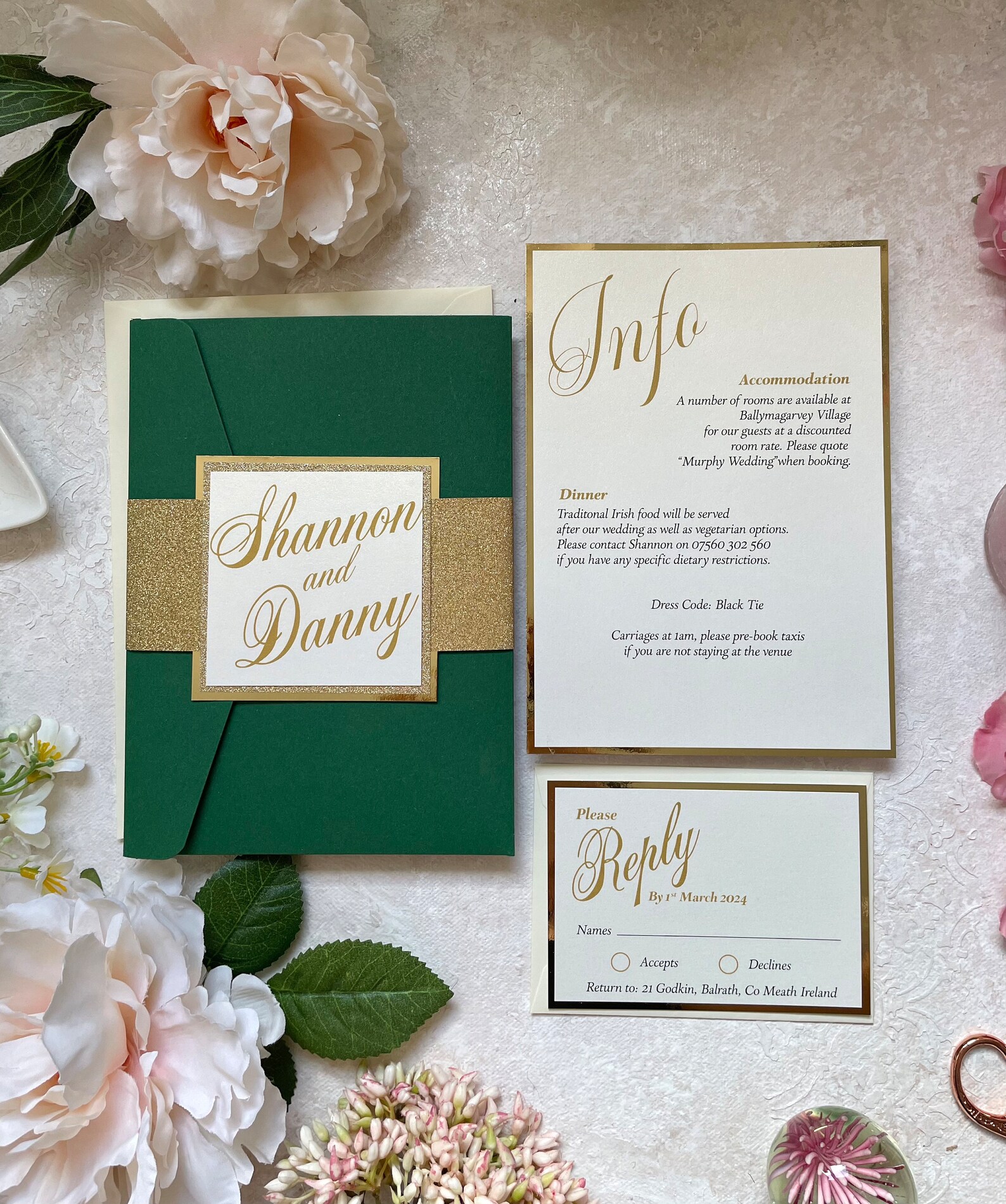 Emerald Green & Gold Pocket Fold Wedding Invitations. Glitter Belly ...