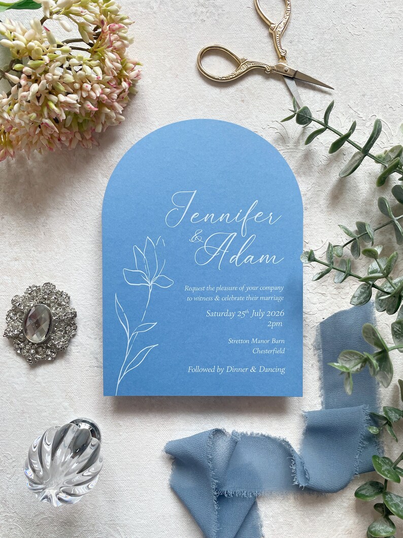 Elegant Arched Shape Wedding Invitations - Blue and White With White ...
