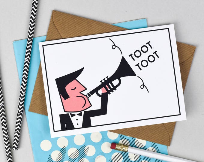 Congratulations Card // Well Done // Celebrations // Retro // Trumpet ...