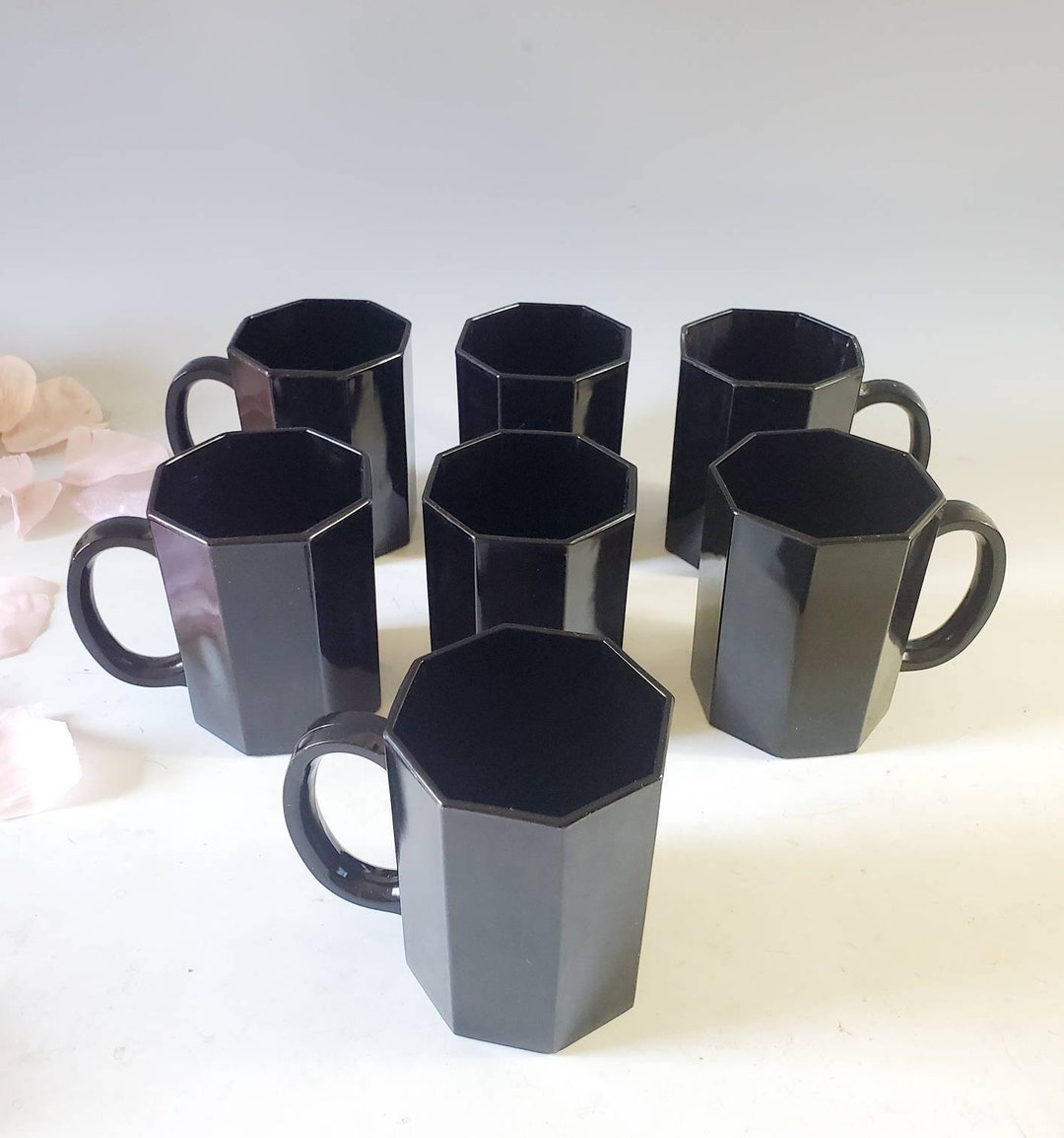 Sets of 4 Black French Mugs, Octagon Shaped Mugs by Arcoroc France ...
