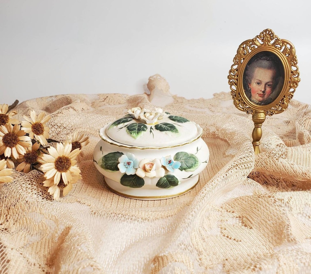 Vintage Vanity Jar White Porcelain Jar With Green and Pink - Etsy