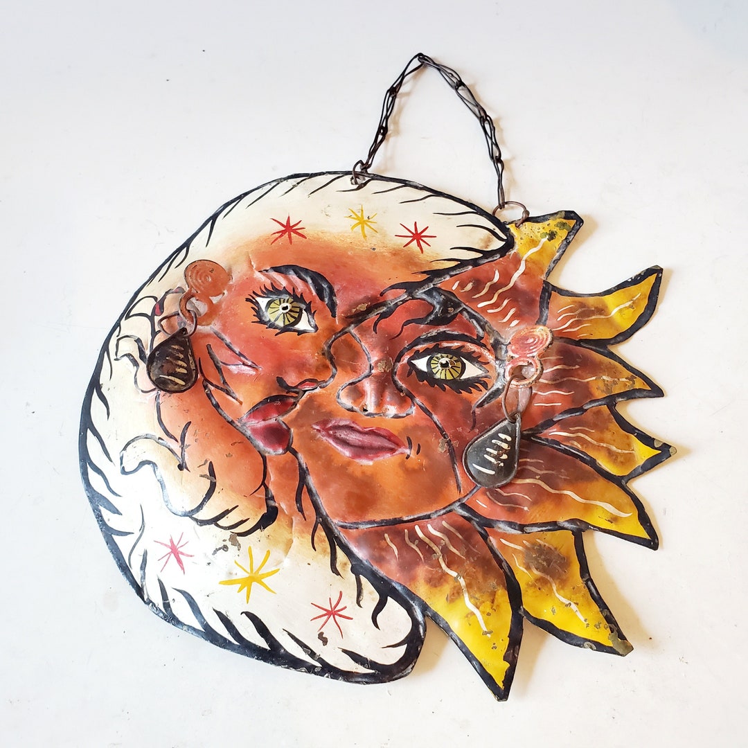 Vintage Metal Suncatcher, Made in Mexico, Crescent Moon Face and Sun ...