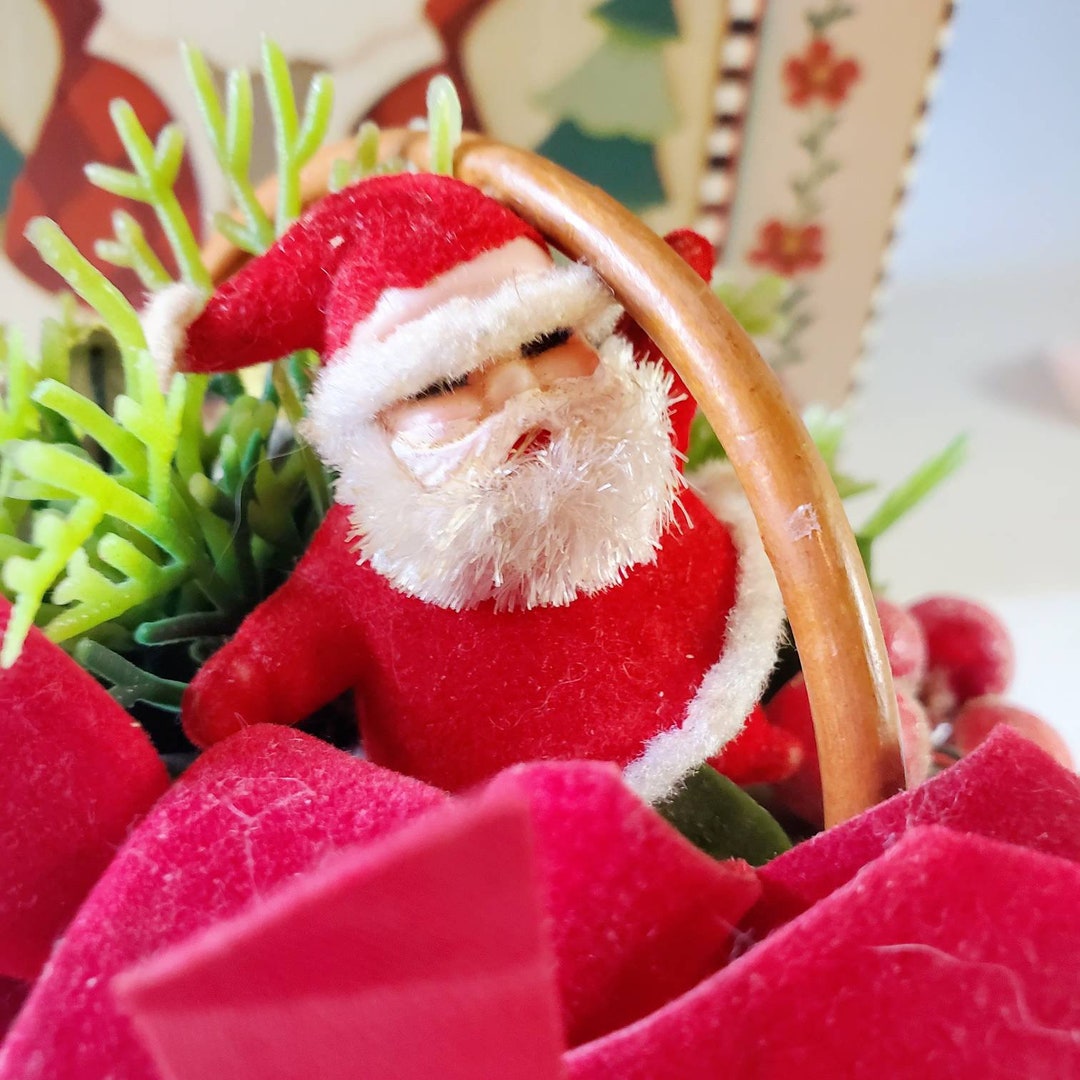 Miniature Flocked Santa Basket, Wicker Basket With Red Velvet Ribbon ...