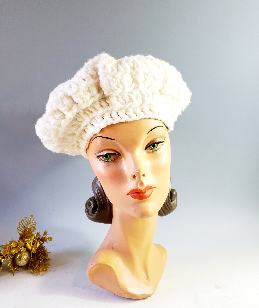 White Crochet Cap, Beret for Women, Vintage Crochet Hat, Boho Style ...