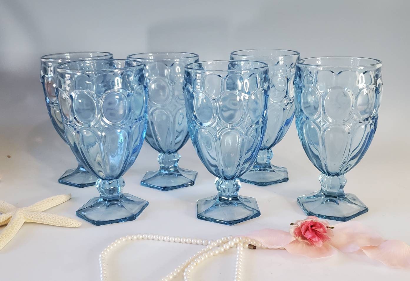 Noritake Moon and Stars Aqua Blue Water Goblets Hexagon Shaped Pedestal ...