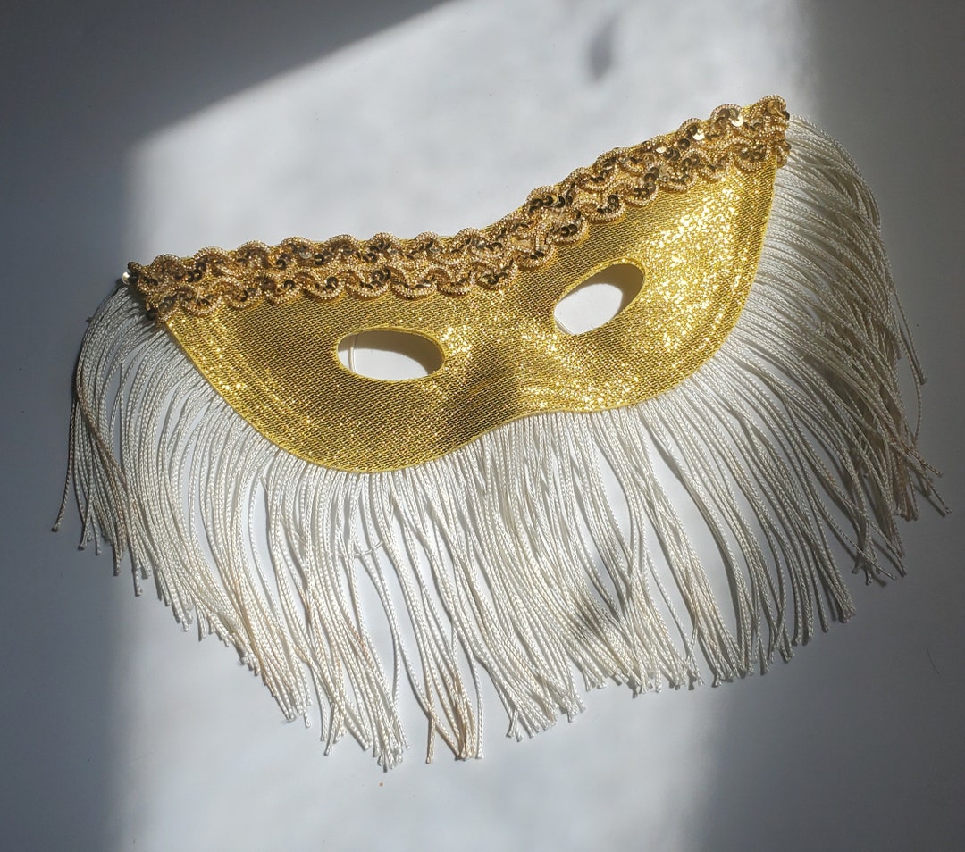 Vintage Halloween Mask, Mardi Gras Mask, Gold With Long Fringe ...