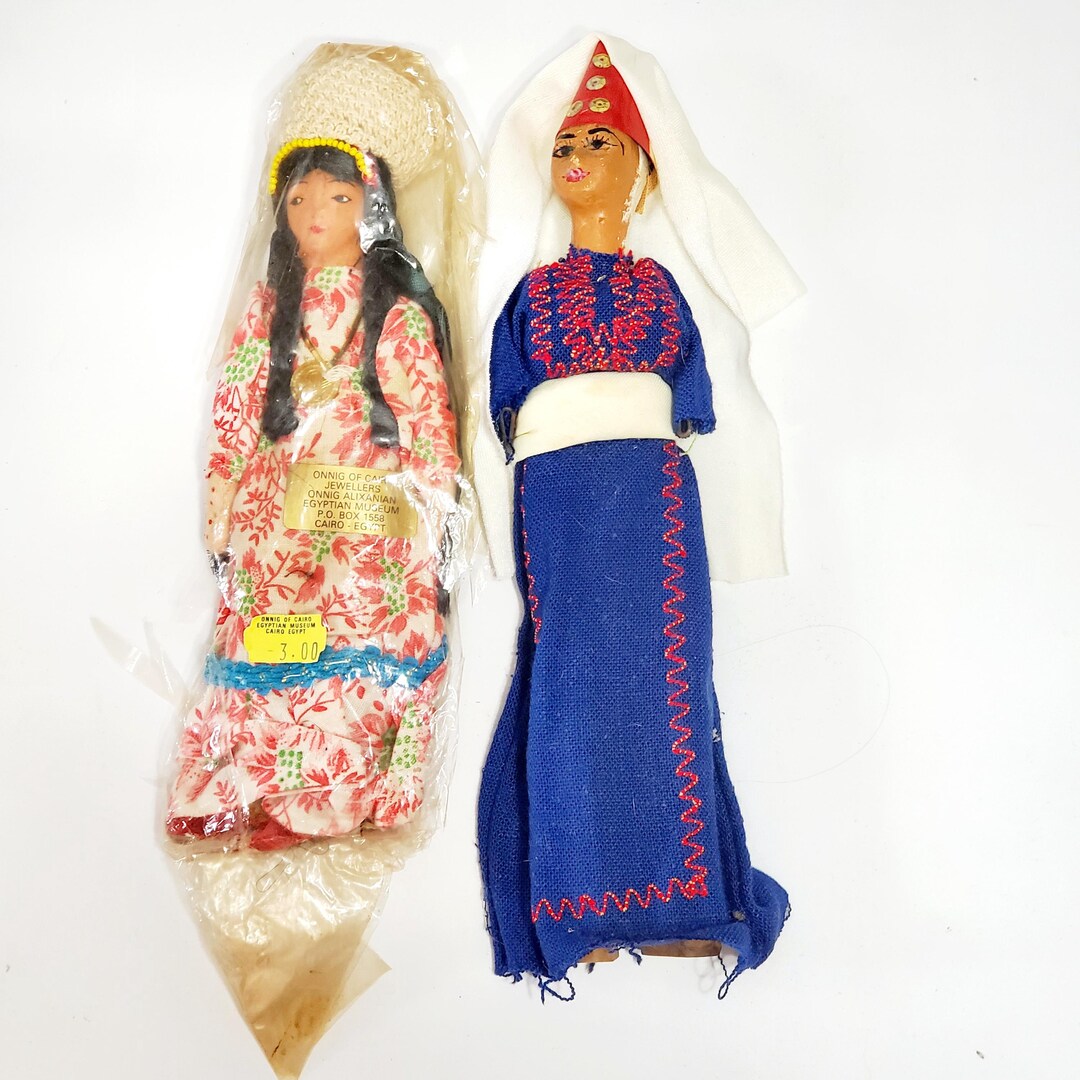 Vintage Egyptian Dolls, Set of 2, Wood Doll, Bisque Cloth Doll, Ethnic ...