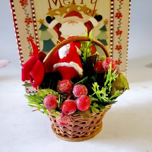Miniature Flocked Santa Basket, Wicker Basket With Red Velvet Ribbon ...