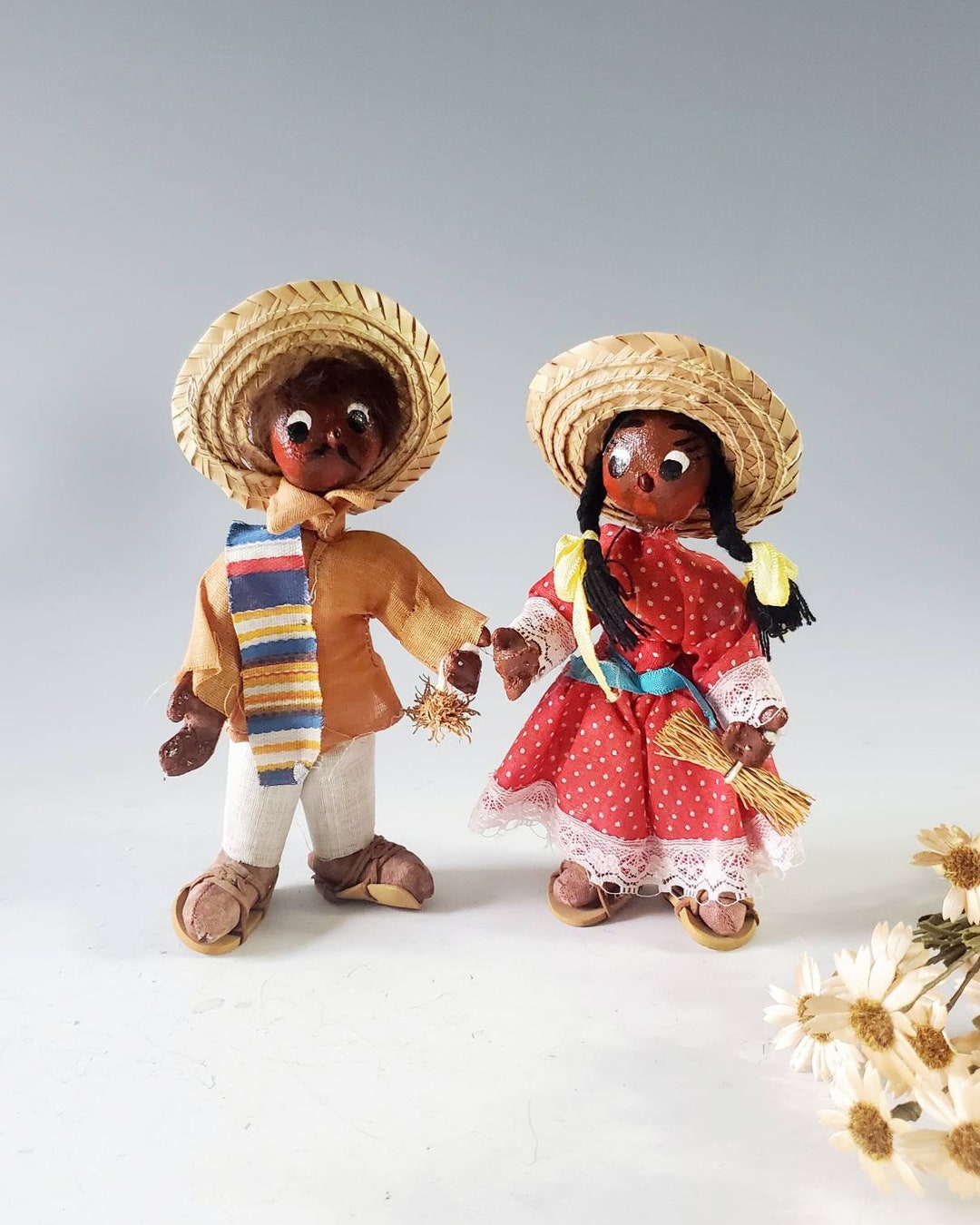 Mexican Dolls, Boy and Girl Doll, Wood and Paint, Grosgrain Straw Hats ...