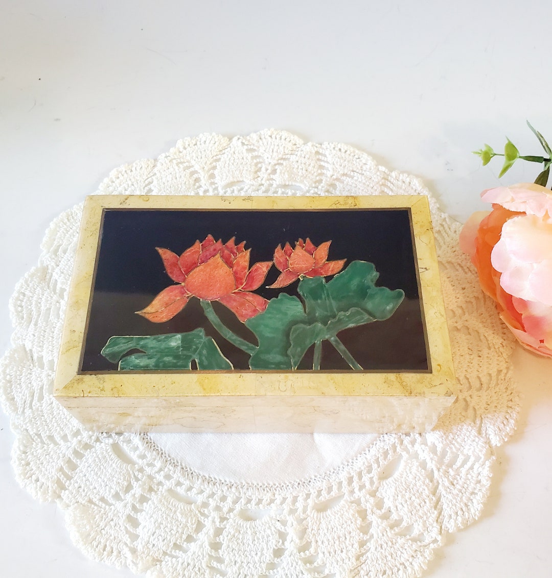 Marble Box With Tulips, Jewelry Box, Vintage Marble Trinket Box ...