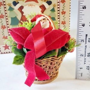 Miniature Flocked Santa Basket, Wicker Basket With Red Velvet Ribbon ...