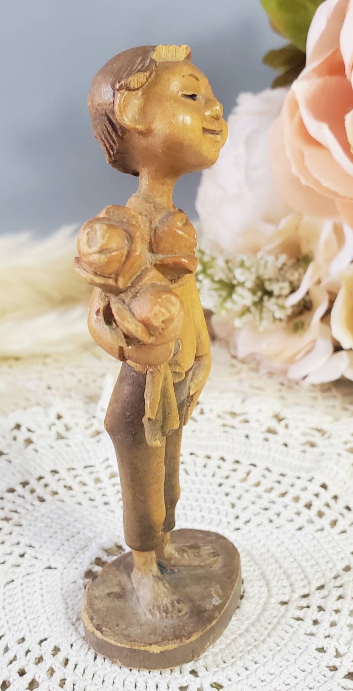 Sculpted Boy Holding Flowers 1970s Anri Happy Children - Etsy