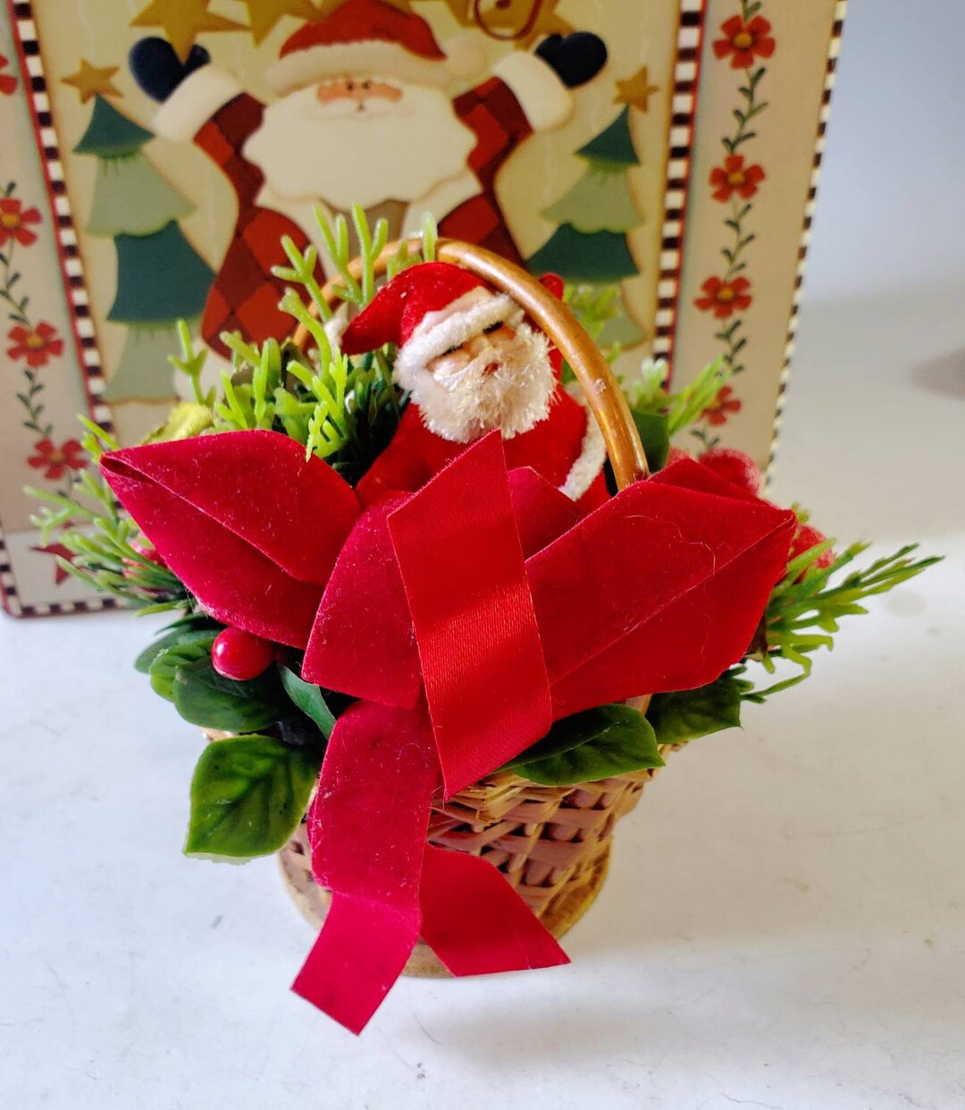 Miniature Flocked Santa Basket, Wicker Basket With Red Velvet Ribbon ...