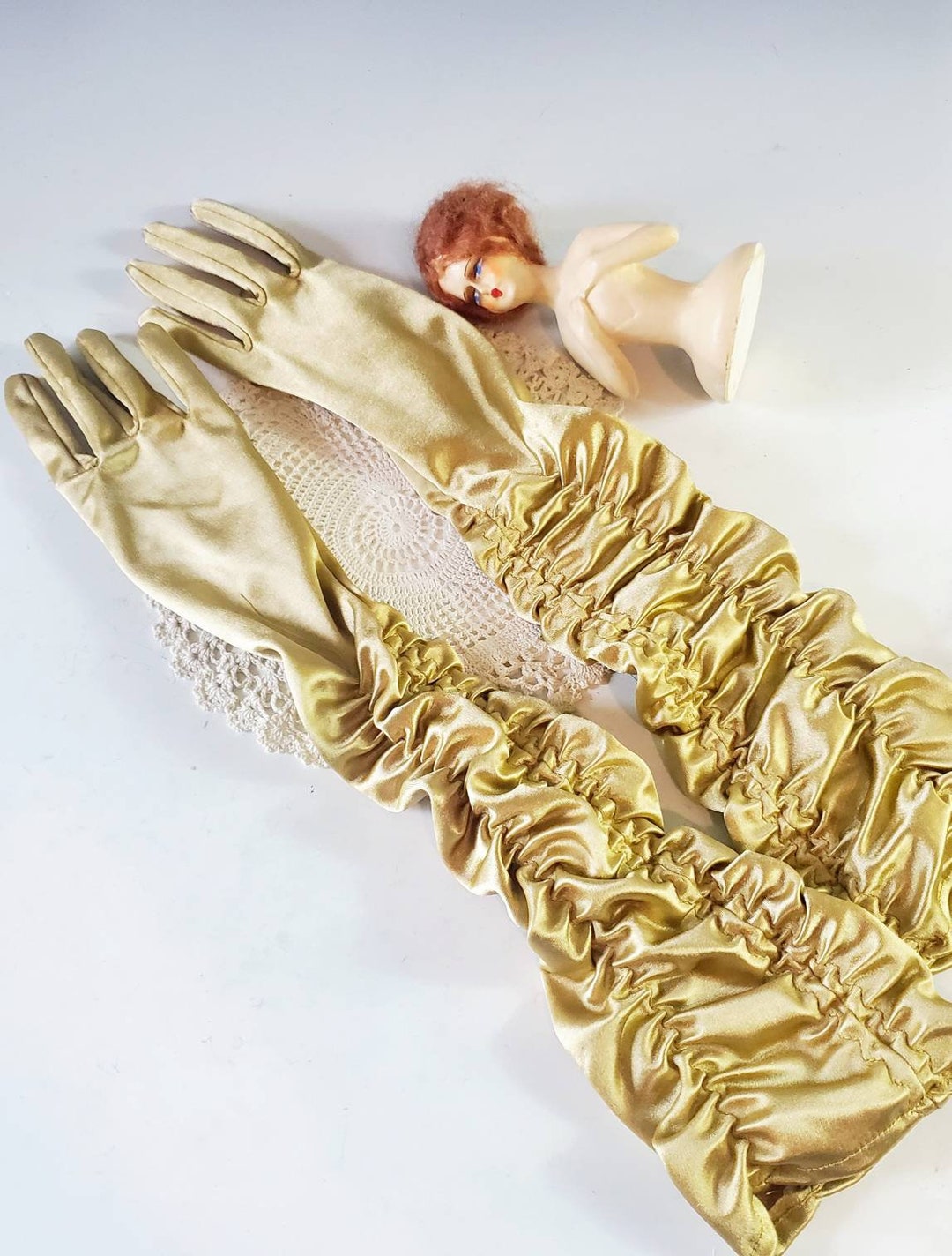 Long Gold Gloves, Made in Hong Kong, Ruched Sides, Elbow Length Gloves ...