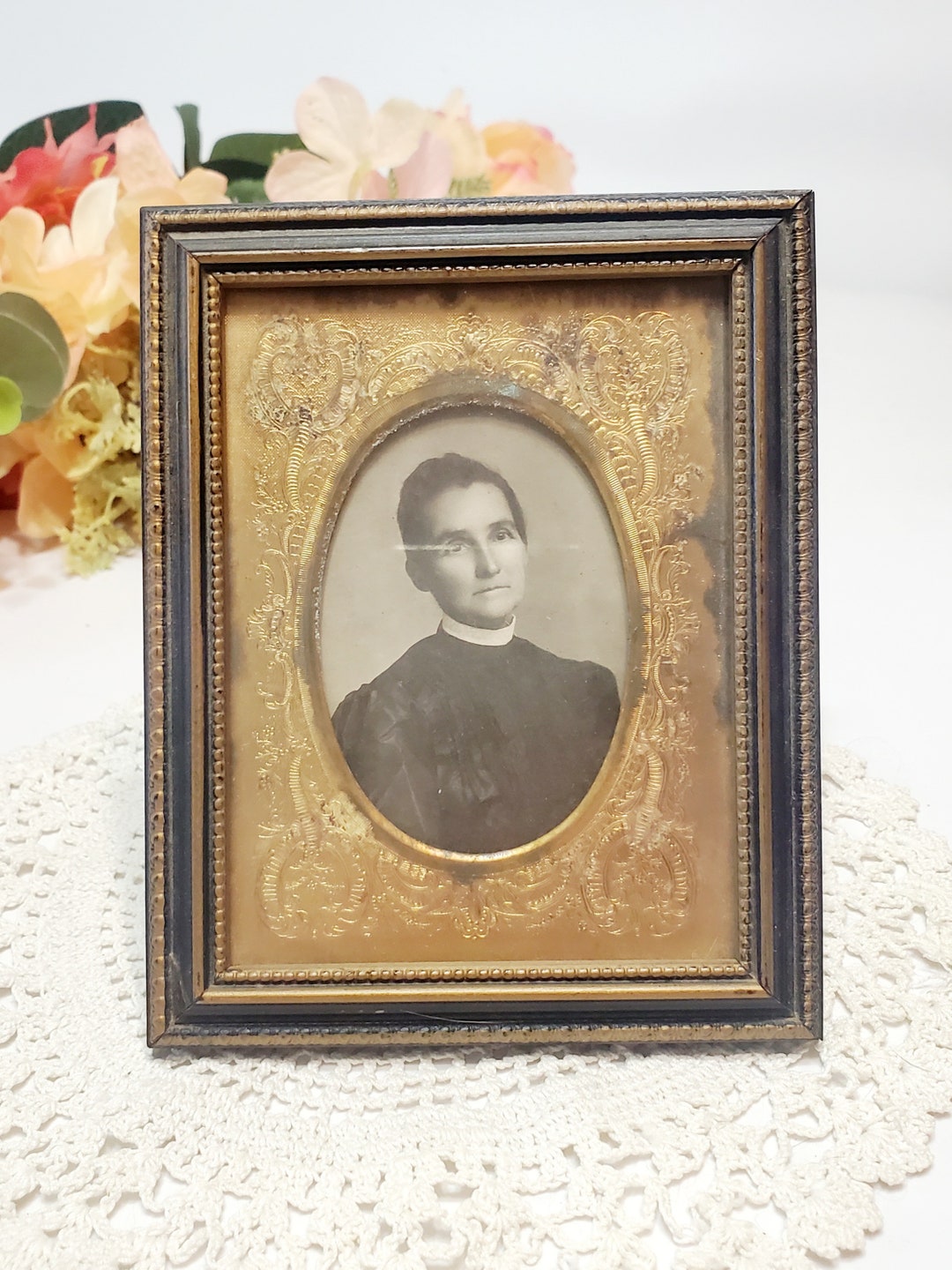 Anitque Photo in Frame Behind Glass and Gold Mesh Matting, Vintage ...