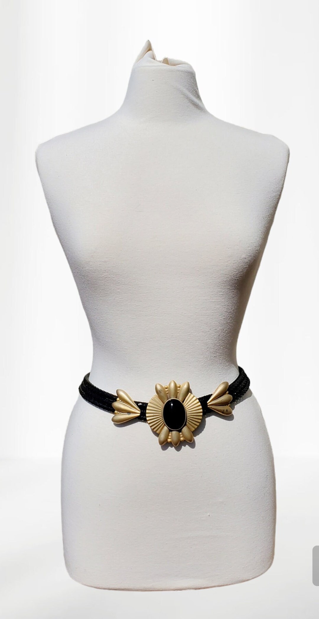 29" 1980s Belt With Brass Accents and Black Cabachon, Funky Oversized ...