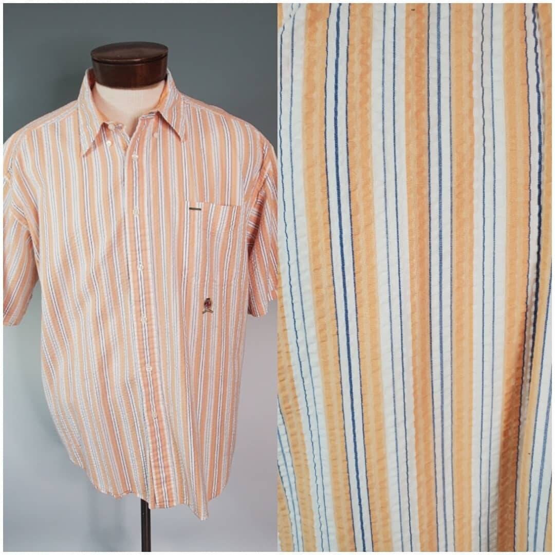XL Tommy Hilfger Men's Shirt, Short Sleeve Shirt, Orange White Striped Shirt, Gift Ideas Him ...